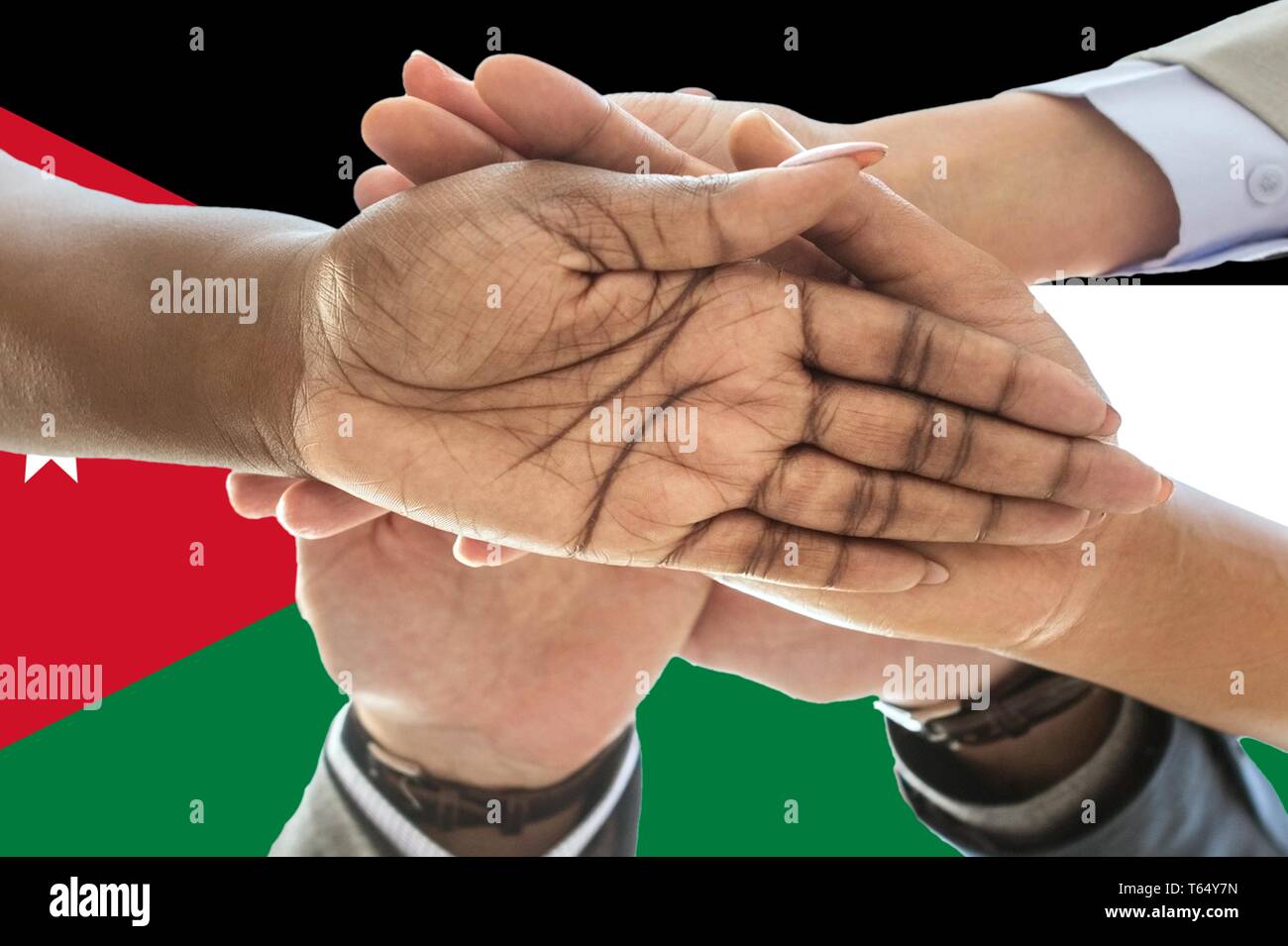 Flag of Jordan, intergration of a multicultural group of young people ...