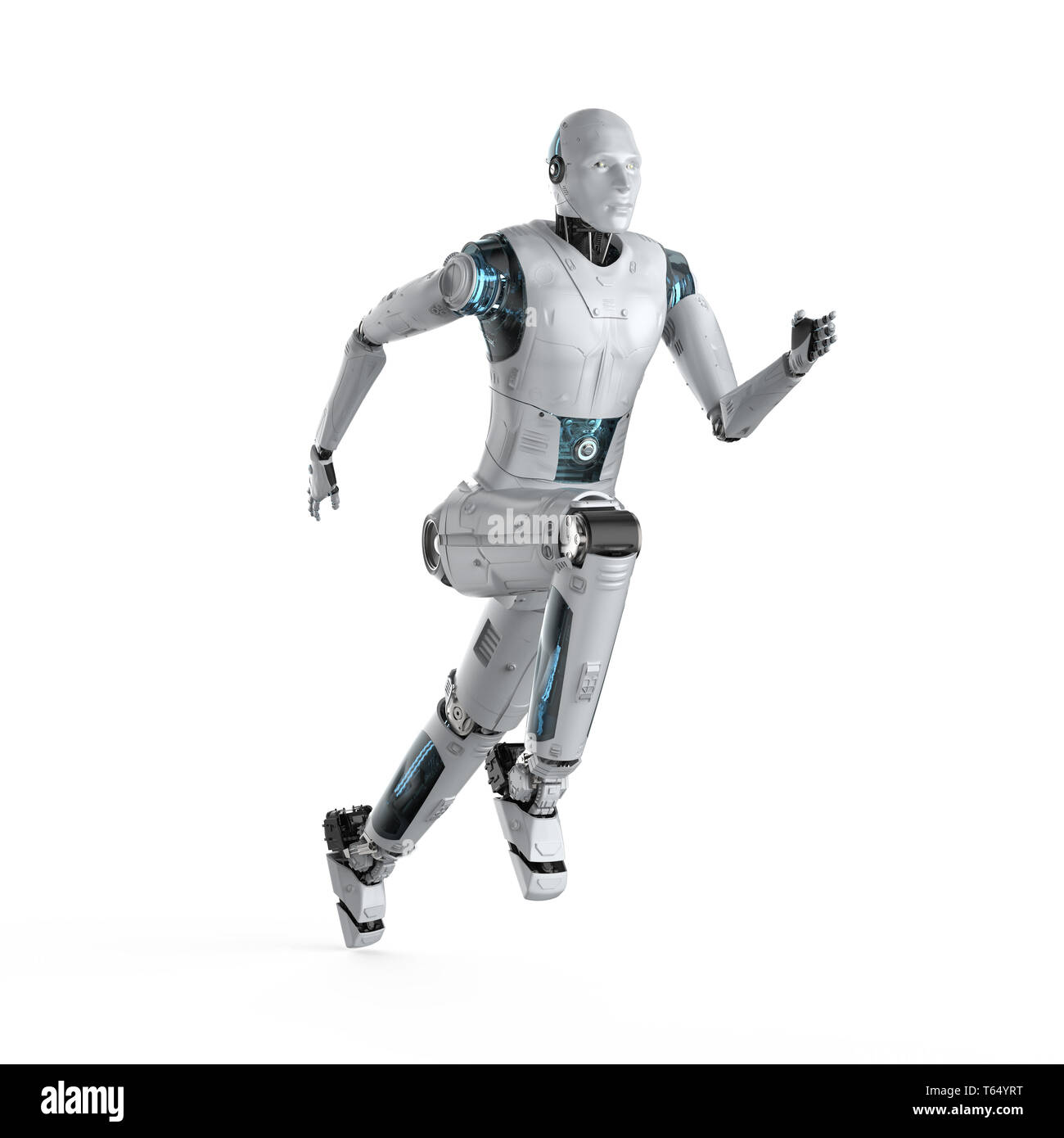 3d rendering humanoid robot running or jumping on white background ...