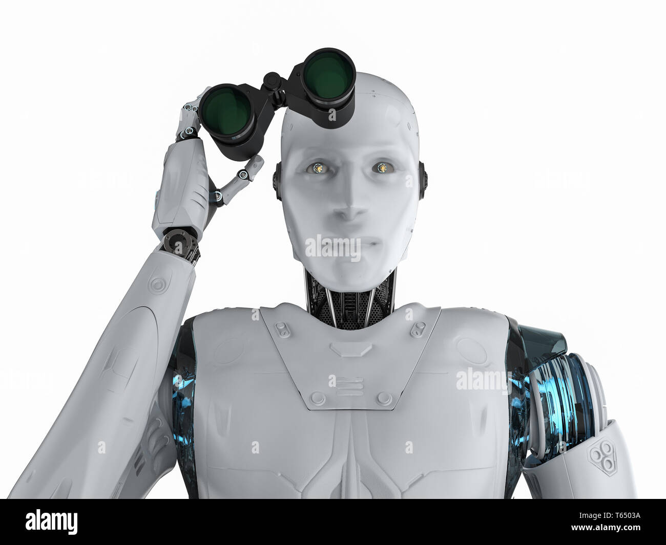 3d rendering robot with binoculars on white background Stock Photo - Alamy