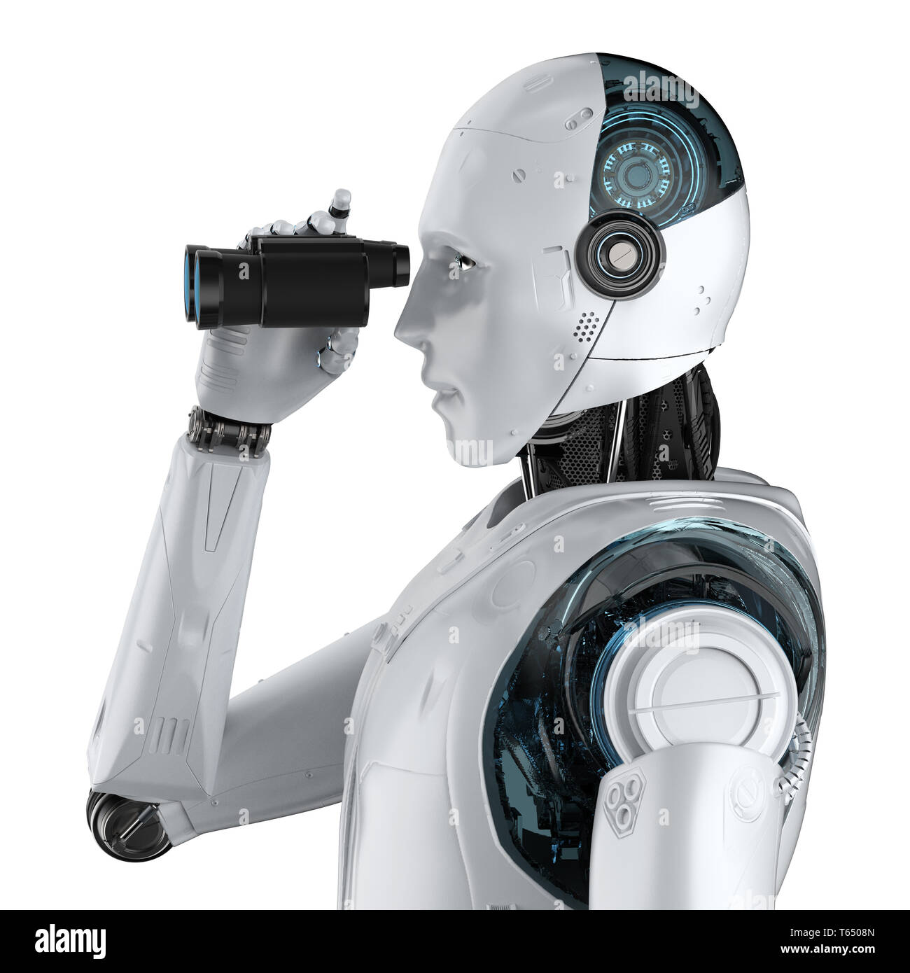 3d rendering robot with binoculars on white background Stock Photo - Alamy