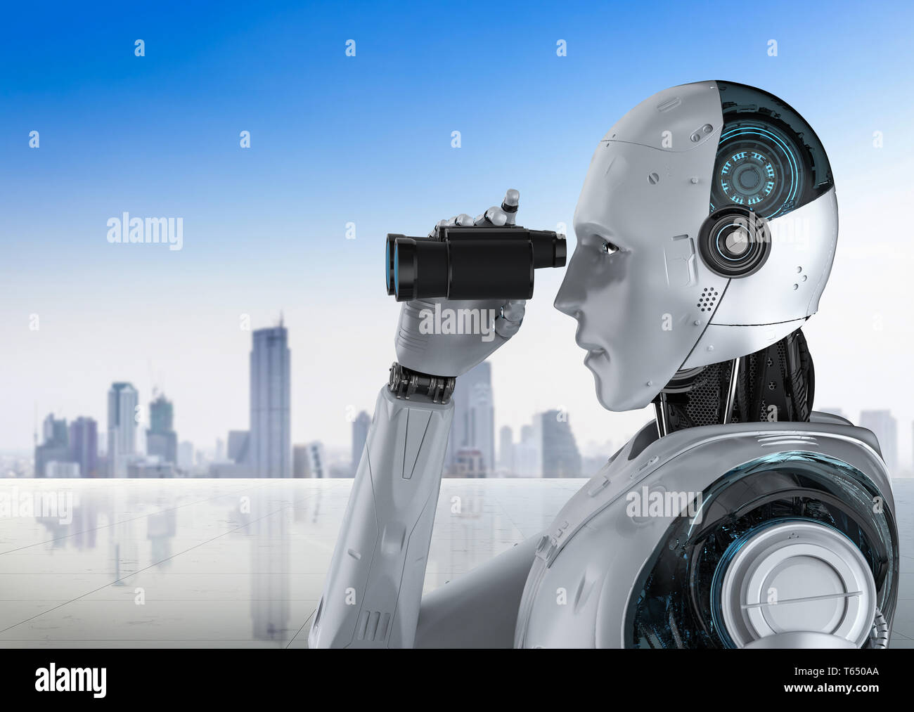 3d rendering robot with binoculars on cityscape background Stock Photo ...