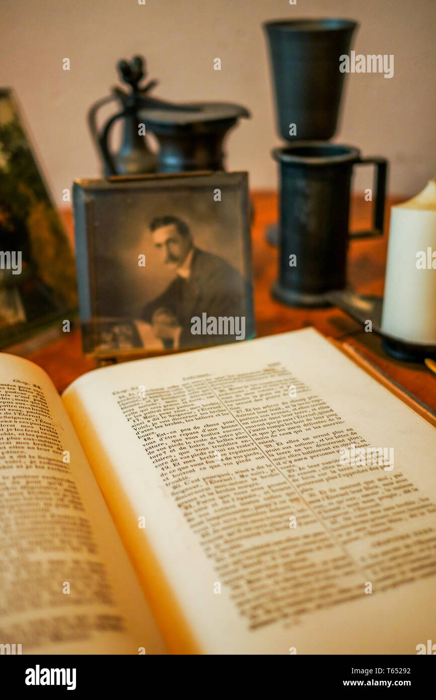 Family Bible putted on a wood console, Chomerac, Ardeche, France Stock ...