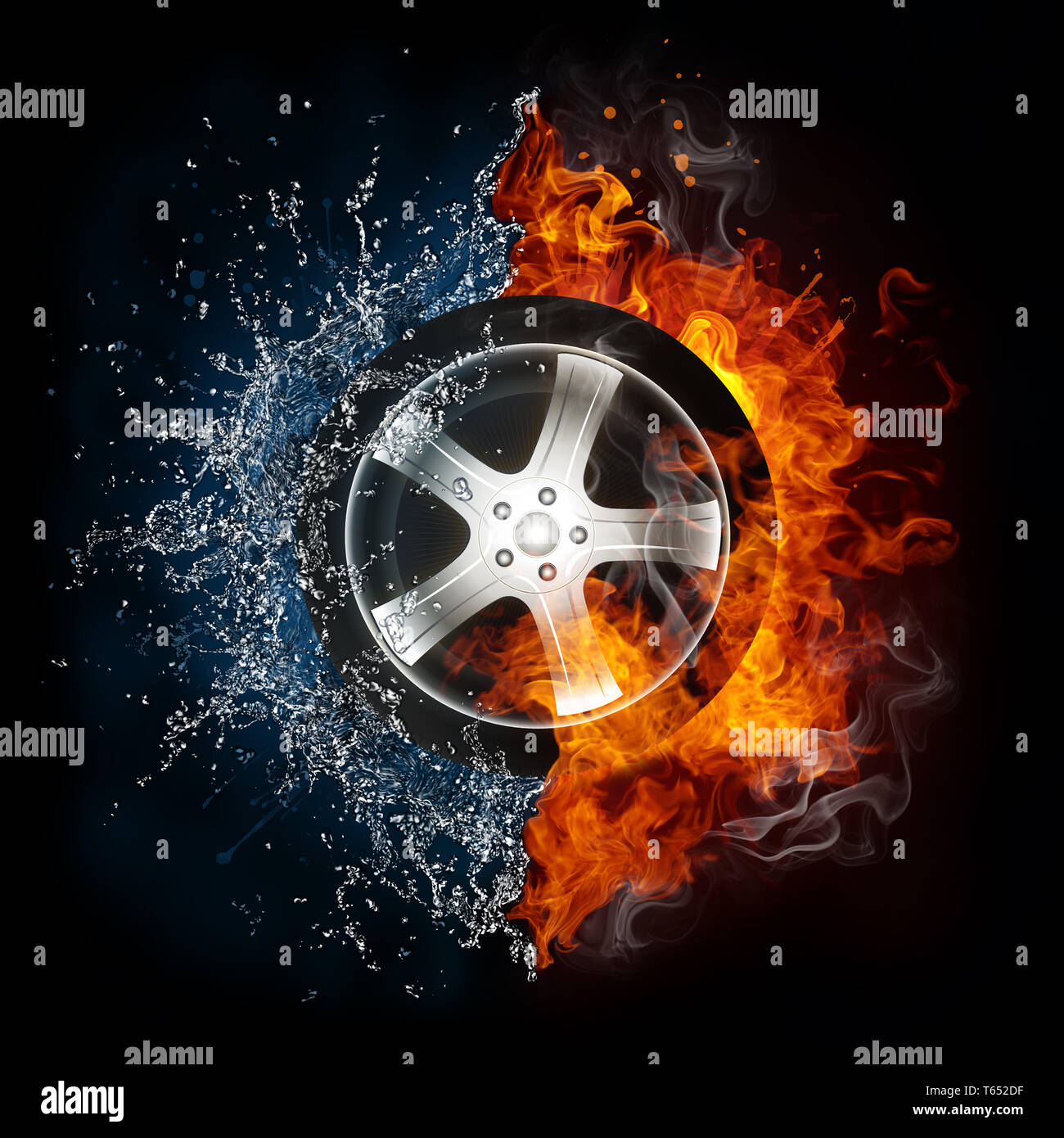 Car Wheel in Flame and Water Stock Photo - Alamy