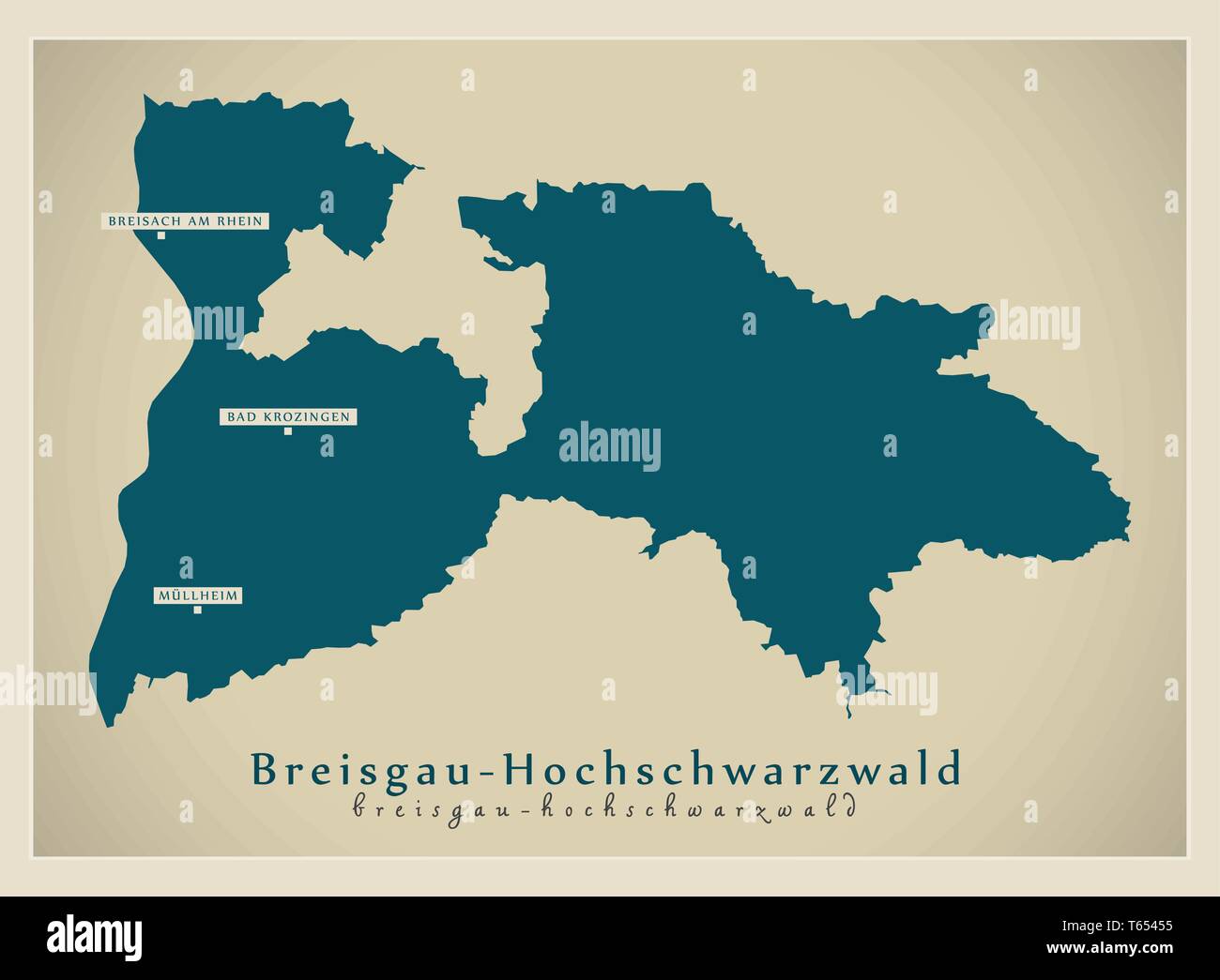 Modern Map - Breisgau-Hochschwarzwald county of Baden Wuerttemberg DE ...