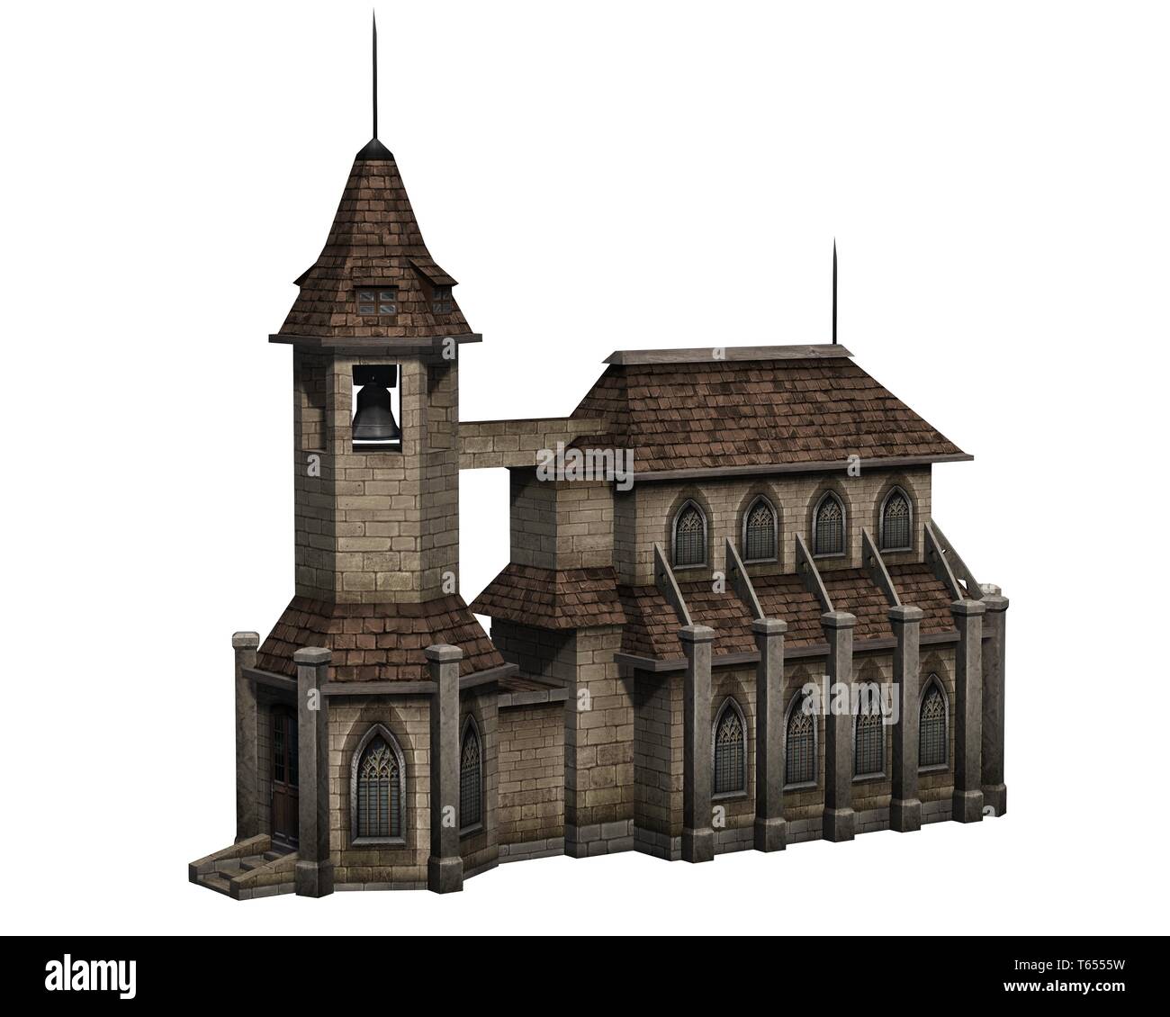 Medieval church with bell tower - isolated on white background Stock ...