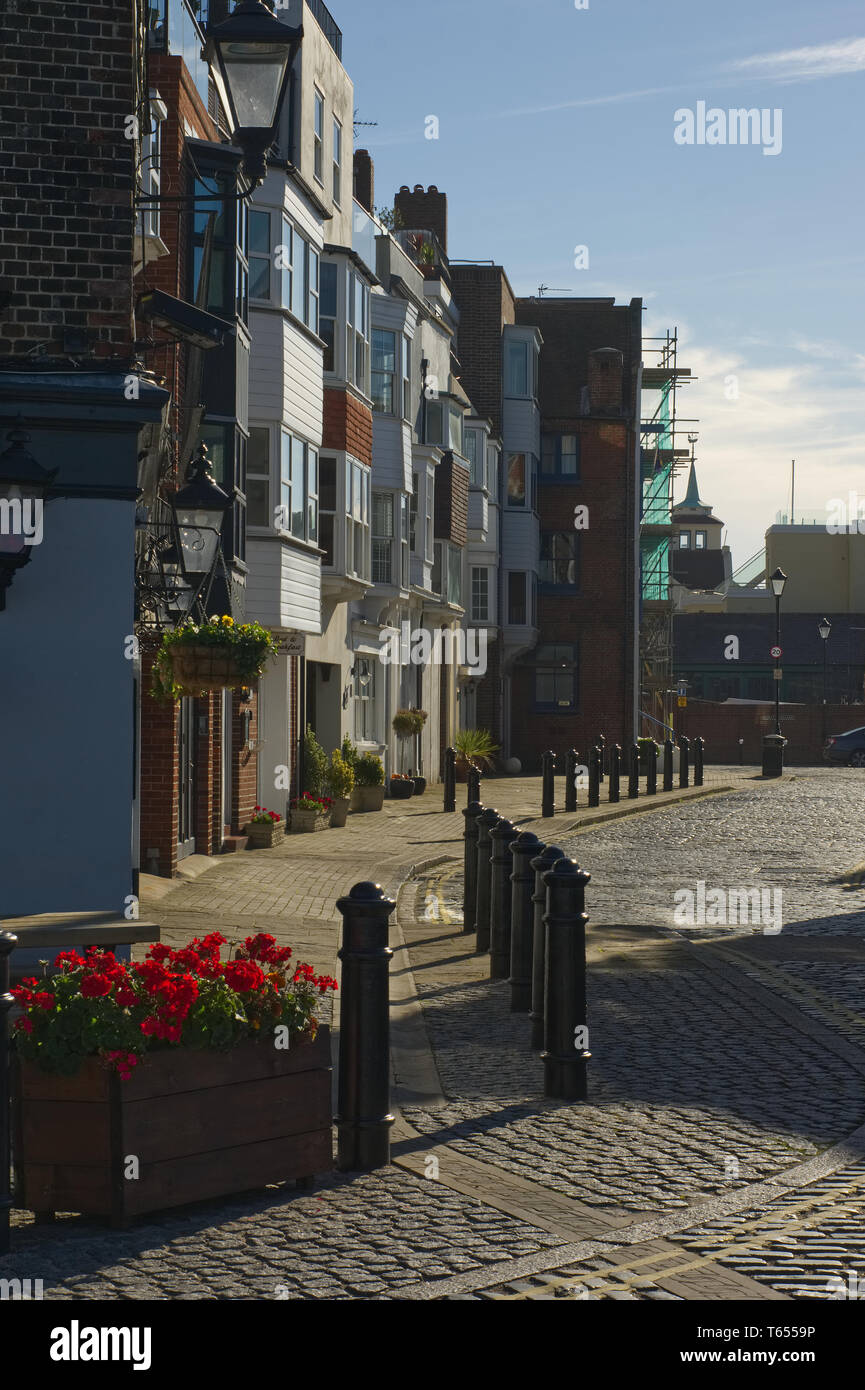 Old cobblestone street in harbour area of Portsmouth, Hampshire ...