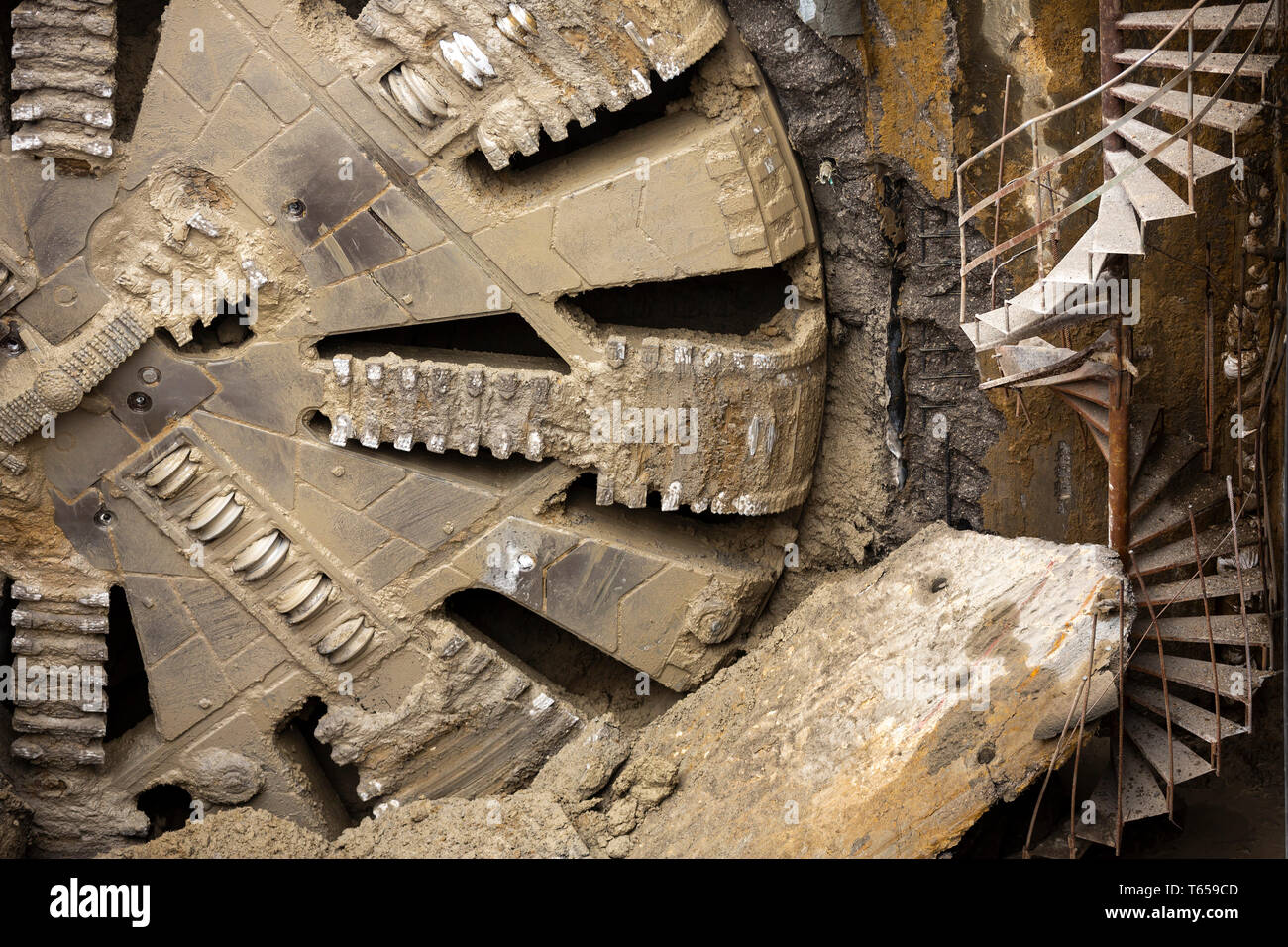 Tunnel Boring Machine front head element is seen on a subway station ...