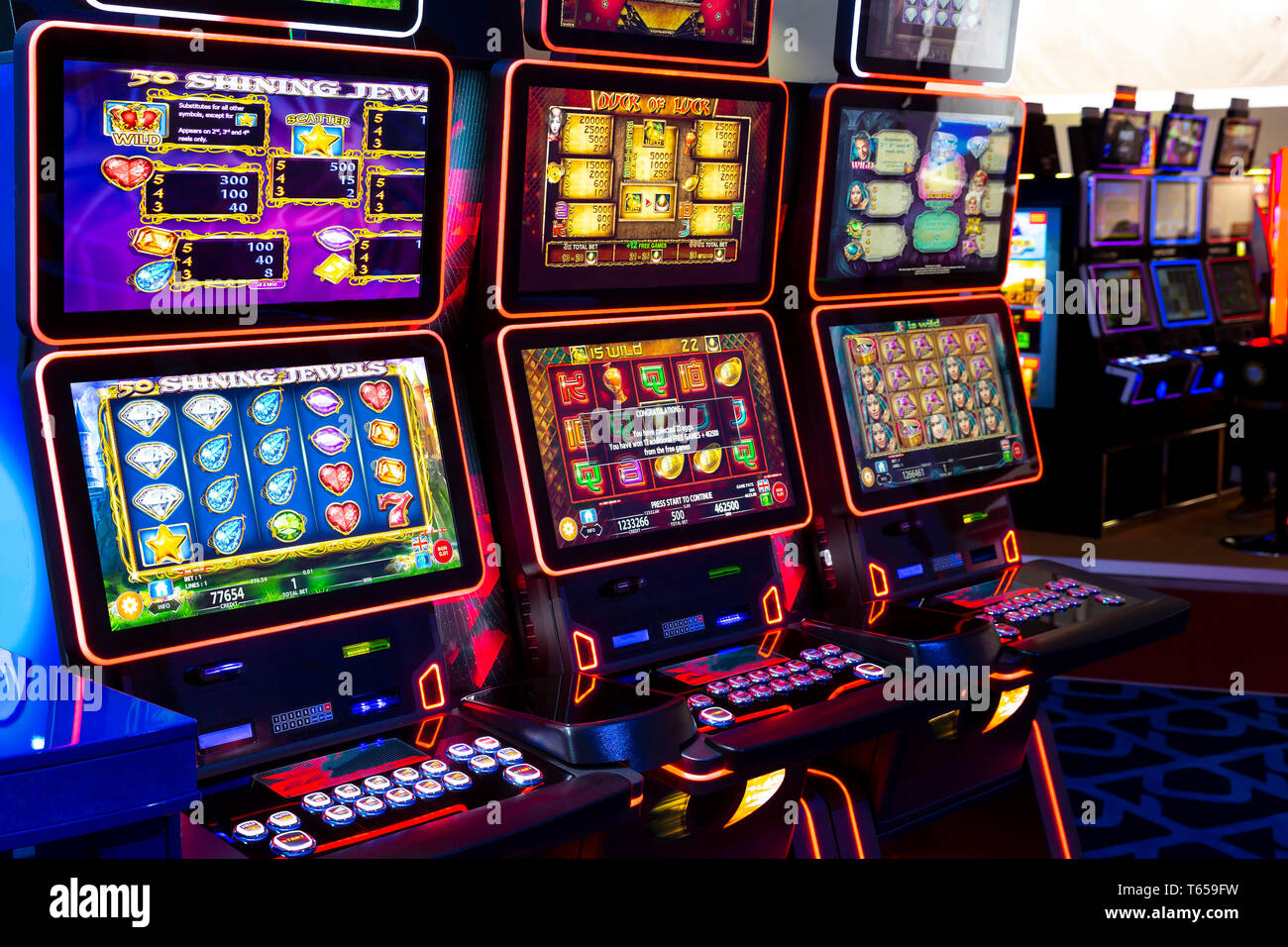 Slot machines are seen in a casino equipment exhibition in Sofia Stock ...