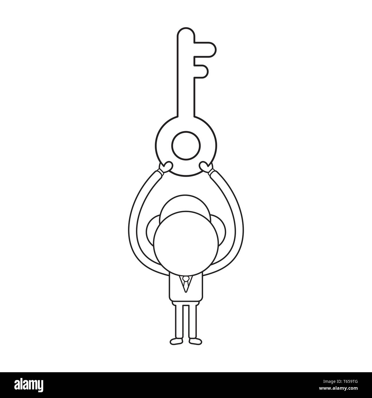 Vector illustration businessman character holding up key. Black outline ...
