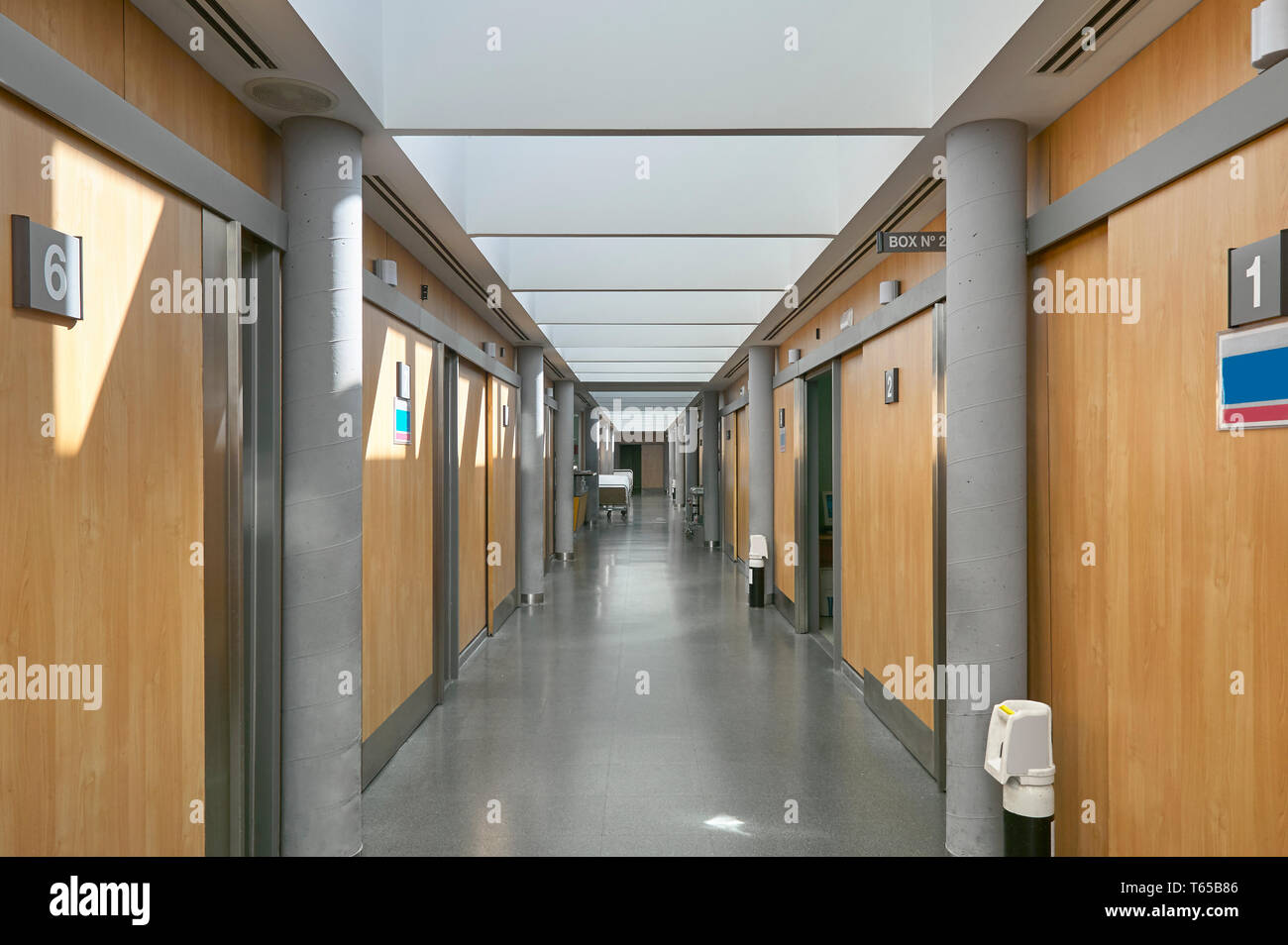 Hospital emergency corridor hall with rooms. Health center indoor ...