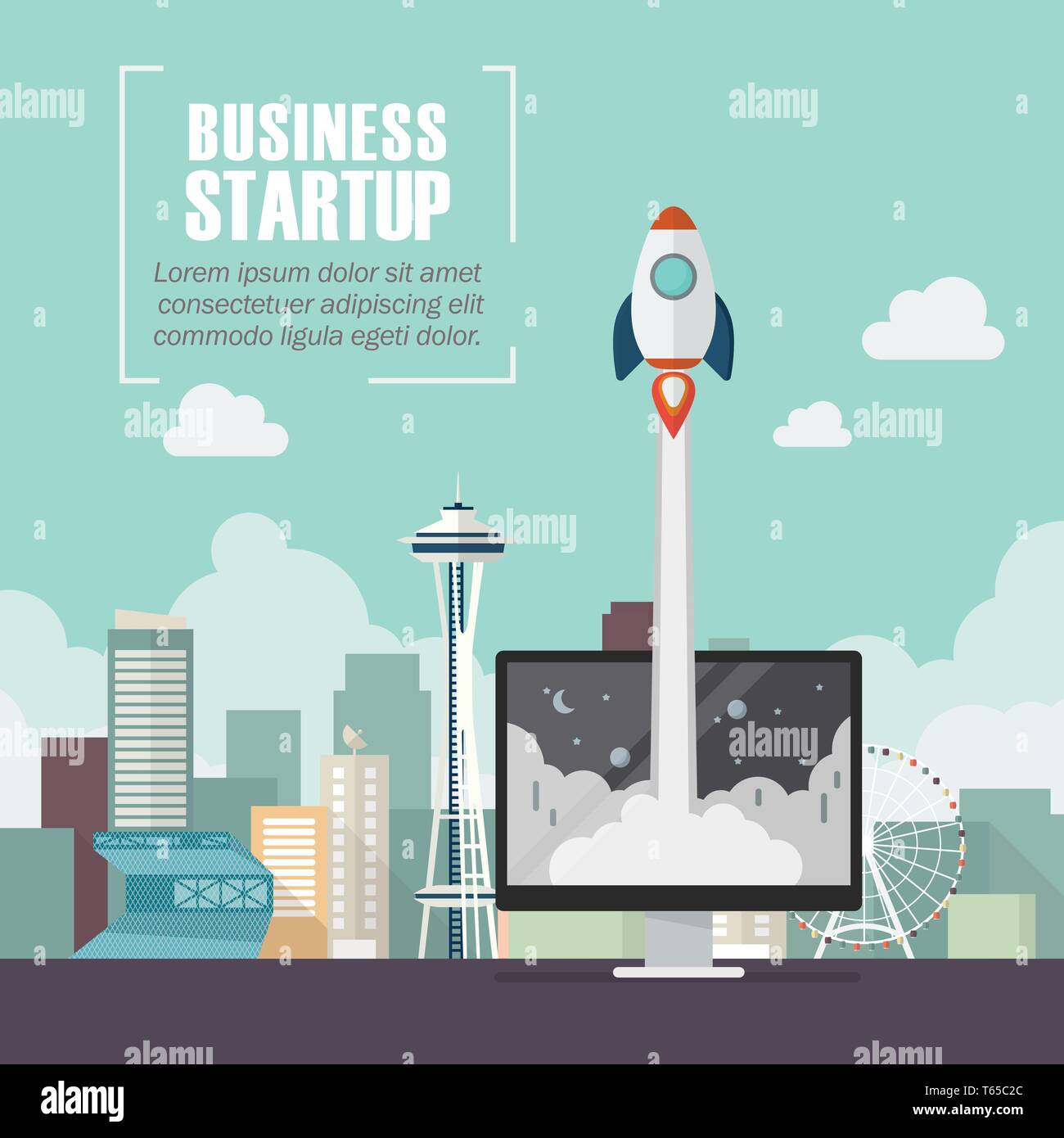 Rocket launching from monitor startup concept. Vector illustration ...