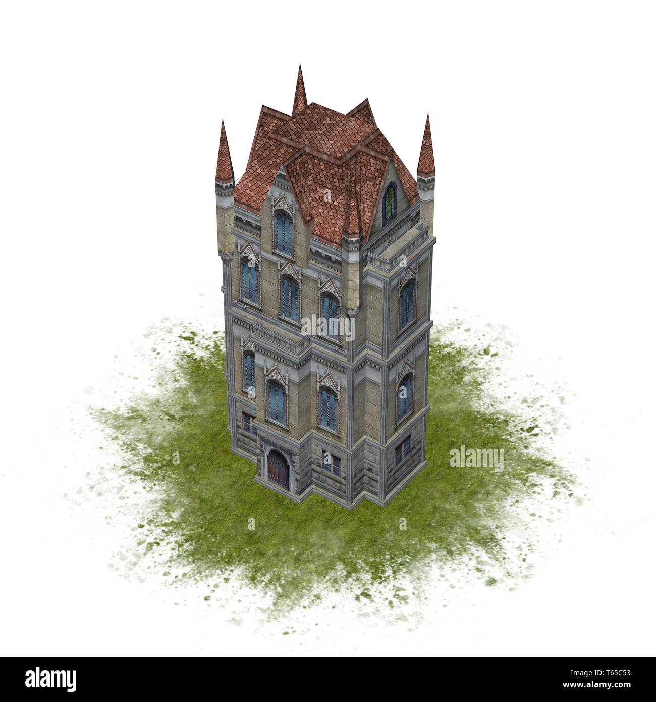 medieval cathedral on a green area - isolated on white background - 3D ...