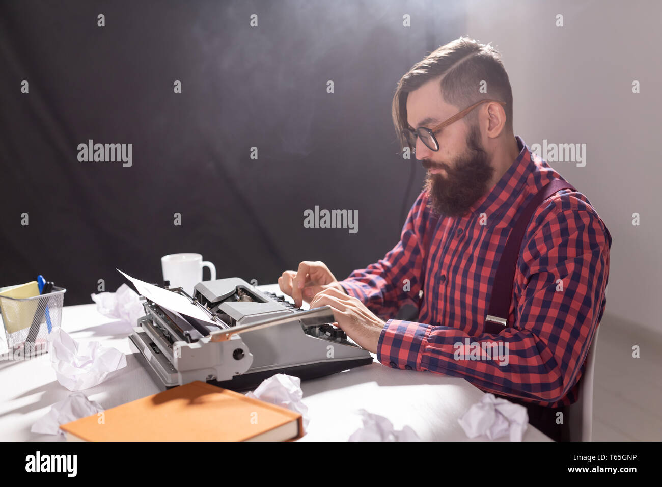 People and technology concept - World day of the writer, handsome man ...