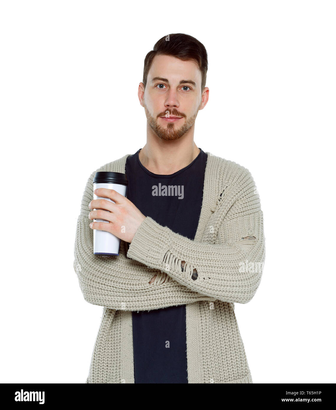 man with coffee cup. Front view of person. Isolated over white ...