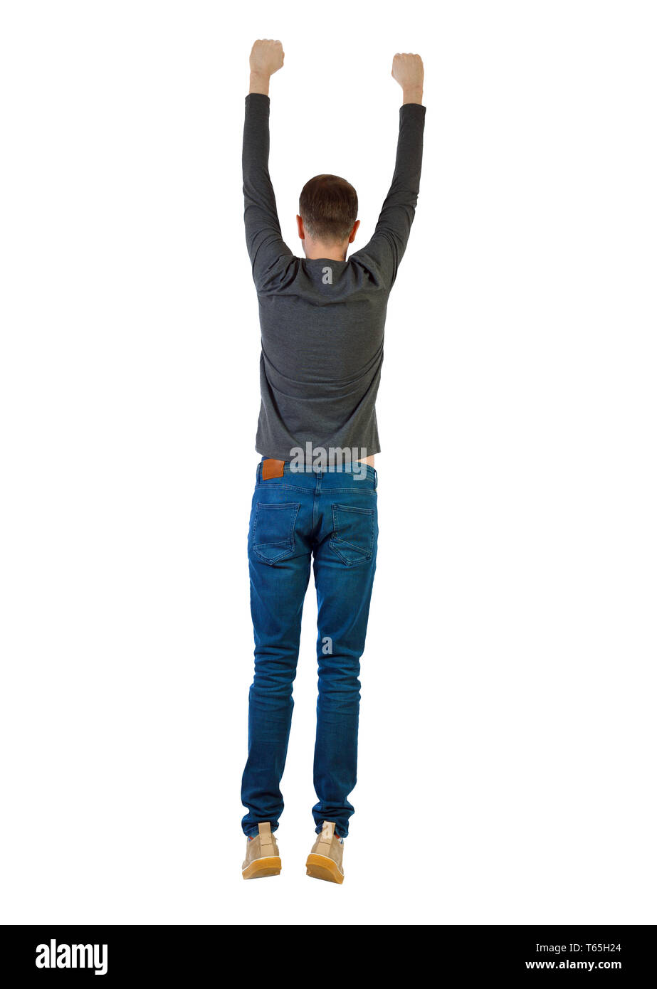 Flying man . Smiling curly-haired guy is flying in Superman pose ...