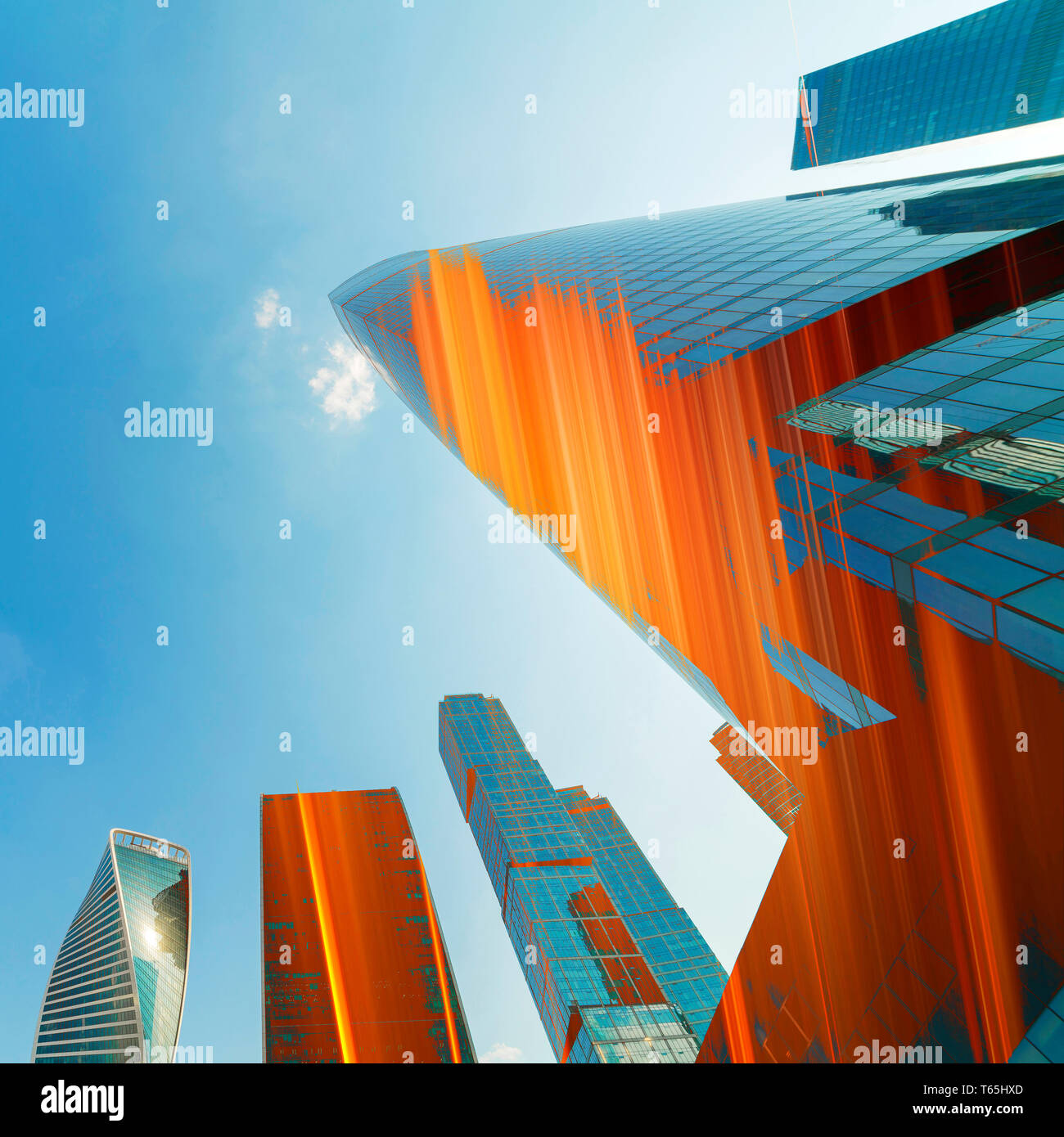 Modern skyscrapers - high-rise buildings in the down town. Bottom view ...