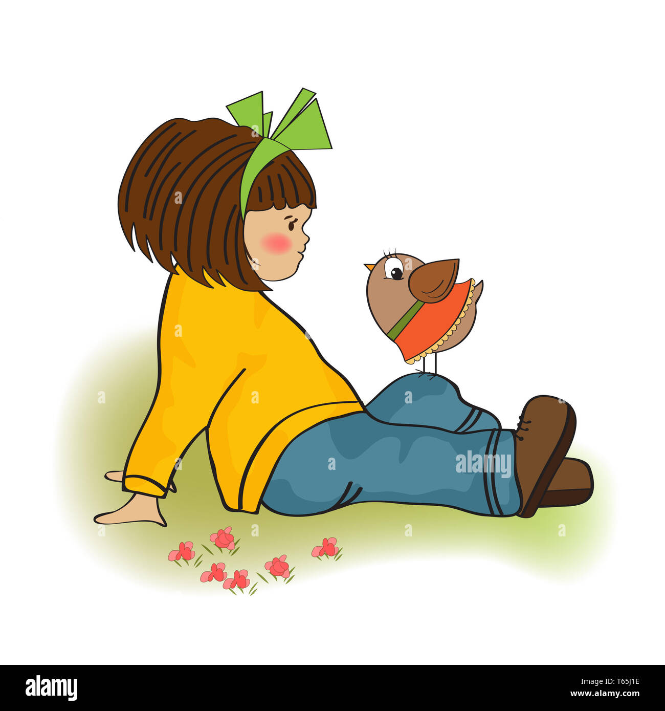 cute young girl talking to little bird Stock Photo - Alamy