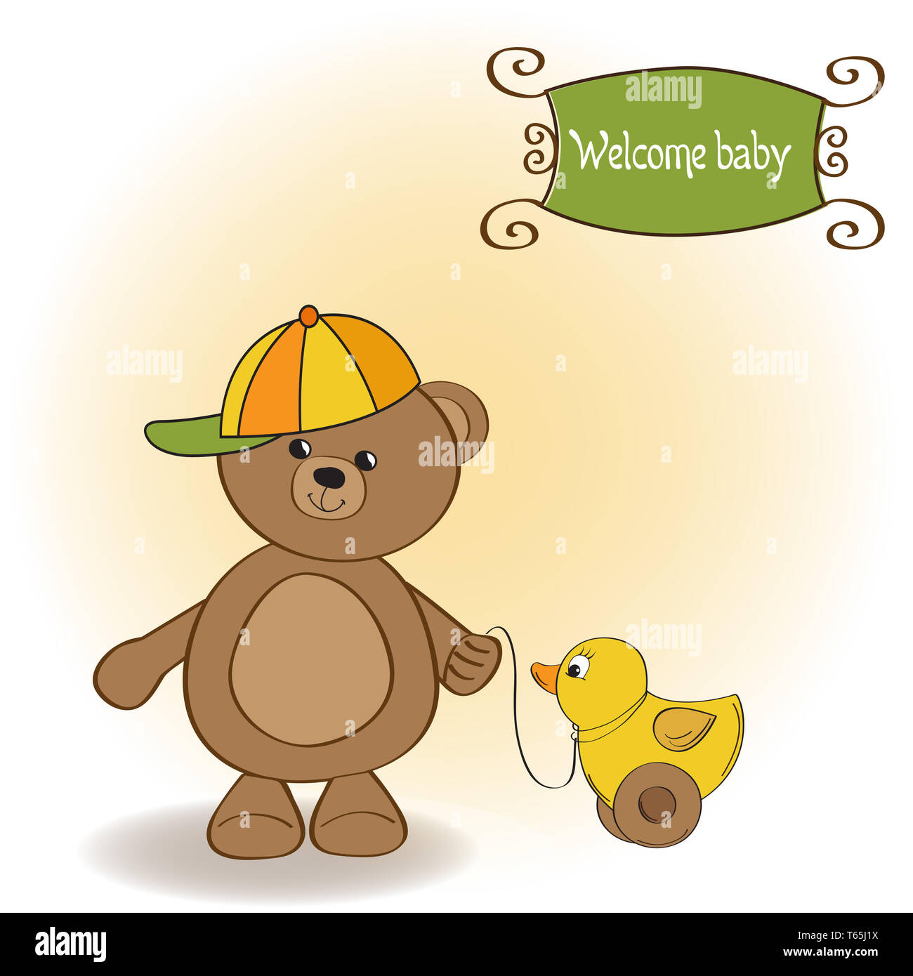 welcome baby card with boy teddy bear and his duck Stock Photo - Alamy