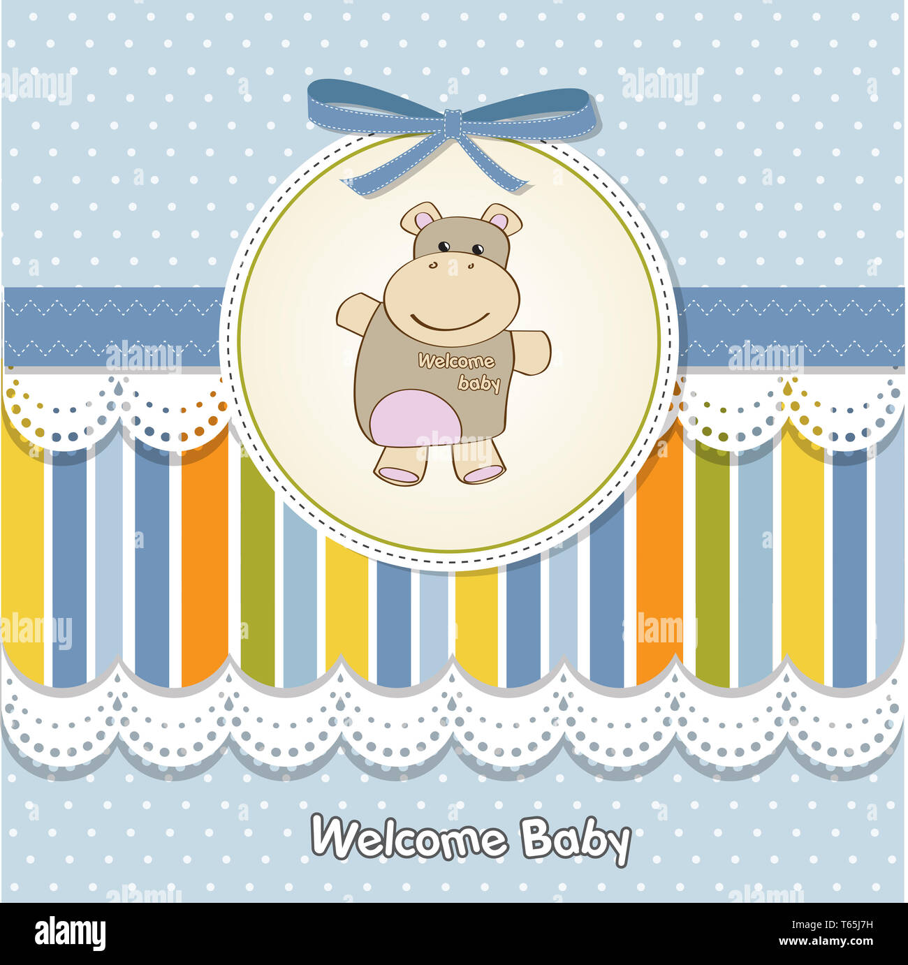 childish baby girl announcement card with hippo toy Stock Photo - Alamy