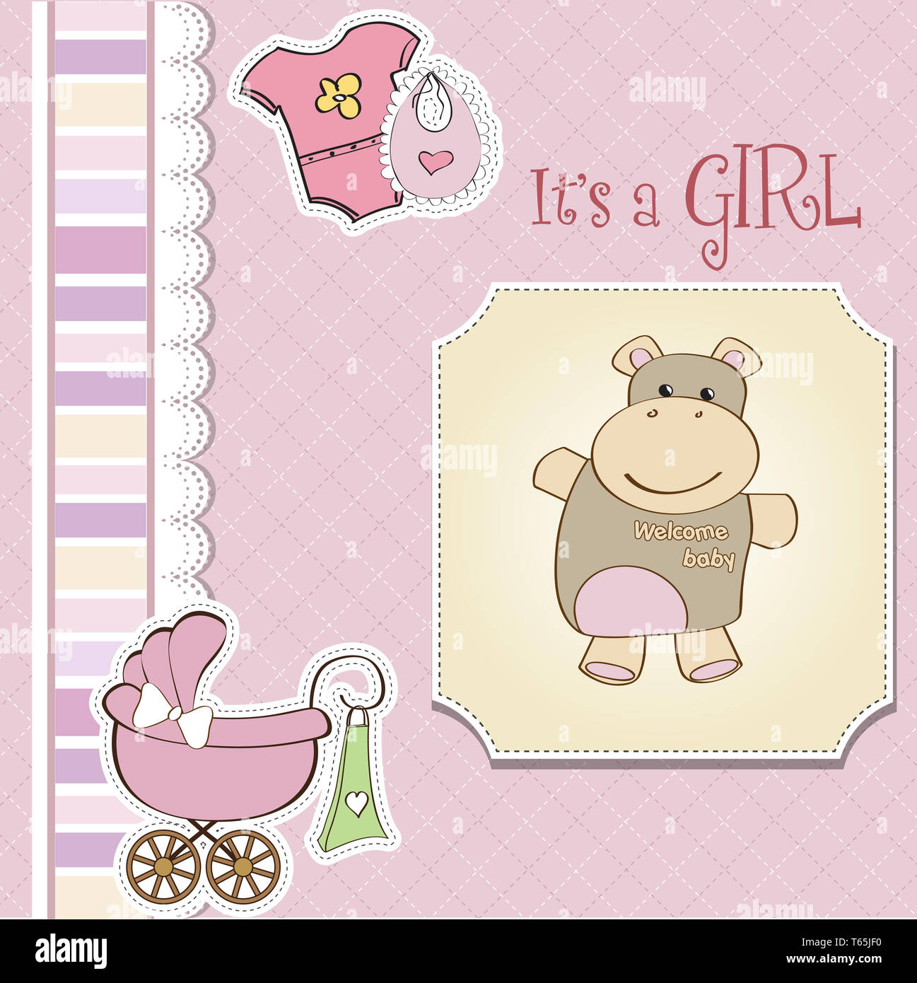 childish baby girl announcement card with hippo toy Stock Photo - Alamy