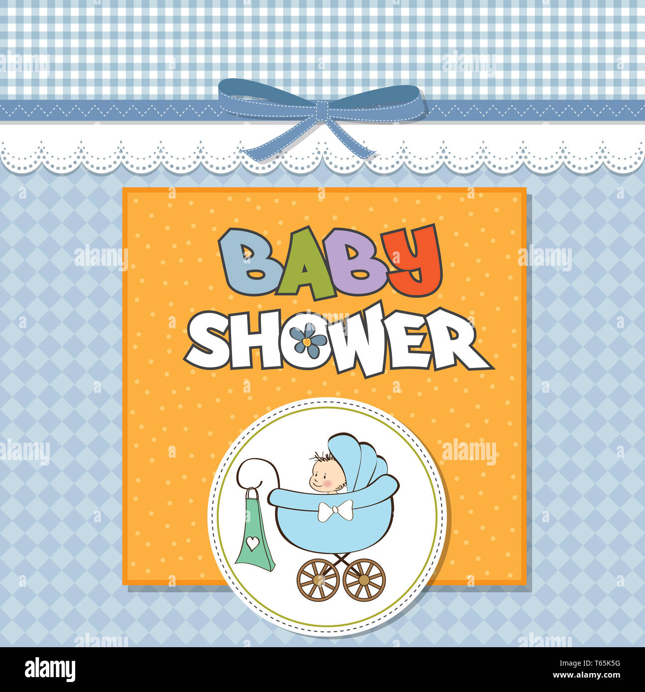 baby boy announcement card with baby and pram Stock Photo - Alamy