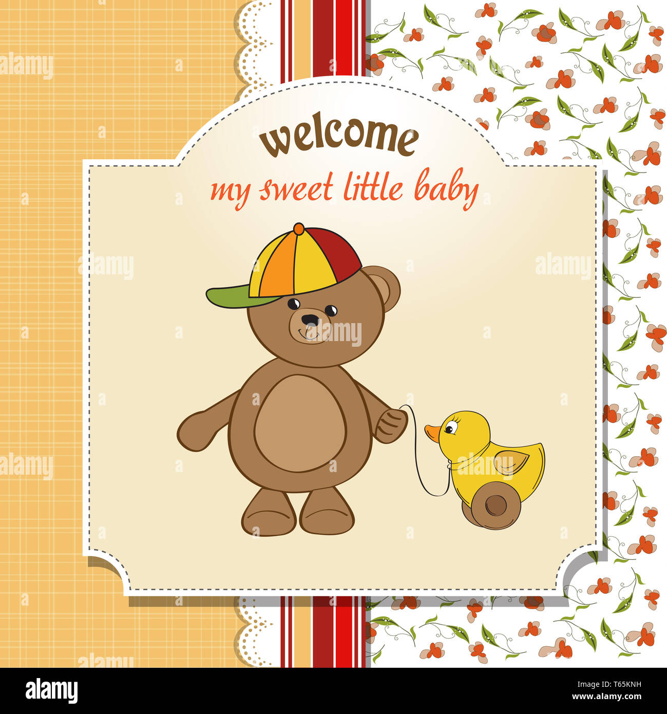 welcome baby card with boy teddy bear and his duck Stock Photo - Alamy