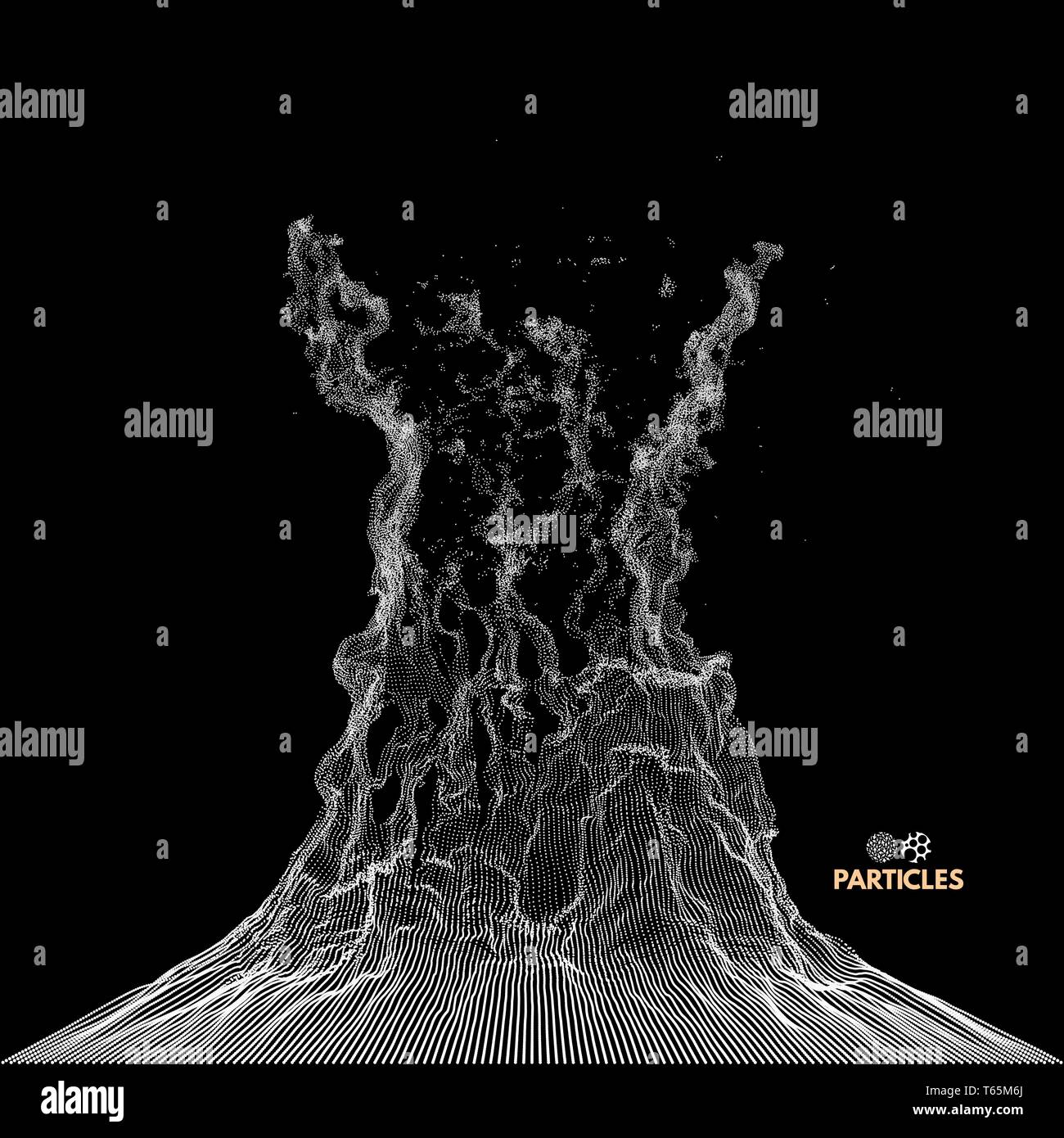 Array with dynamic emitted particles. Water splash imitation. Abstract background. Vector ...