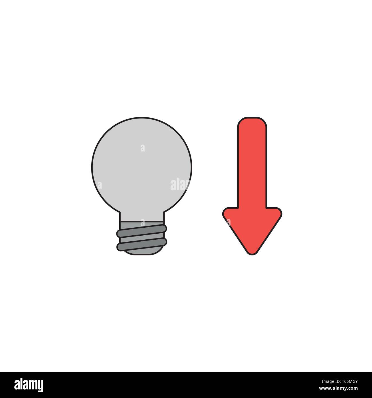 Vector icon concept of grey light bulb with red arrow moving down ...