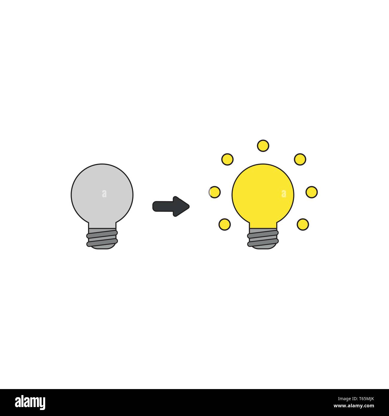 Vector icon concept of grey light bulb and glowing yellow light bulb ...