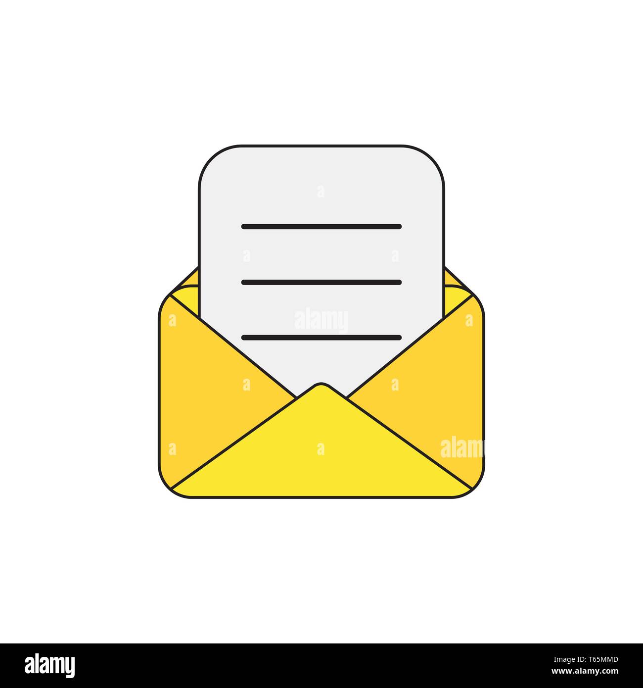 Vector icon of yellow opened mail envelope with written paper. Black ...