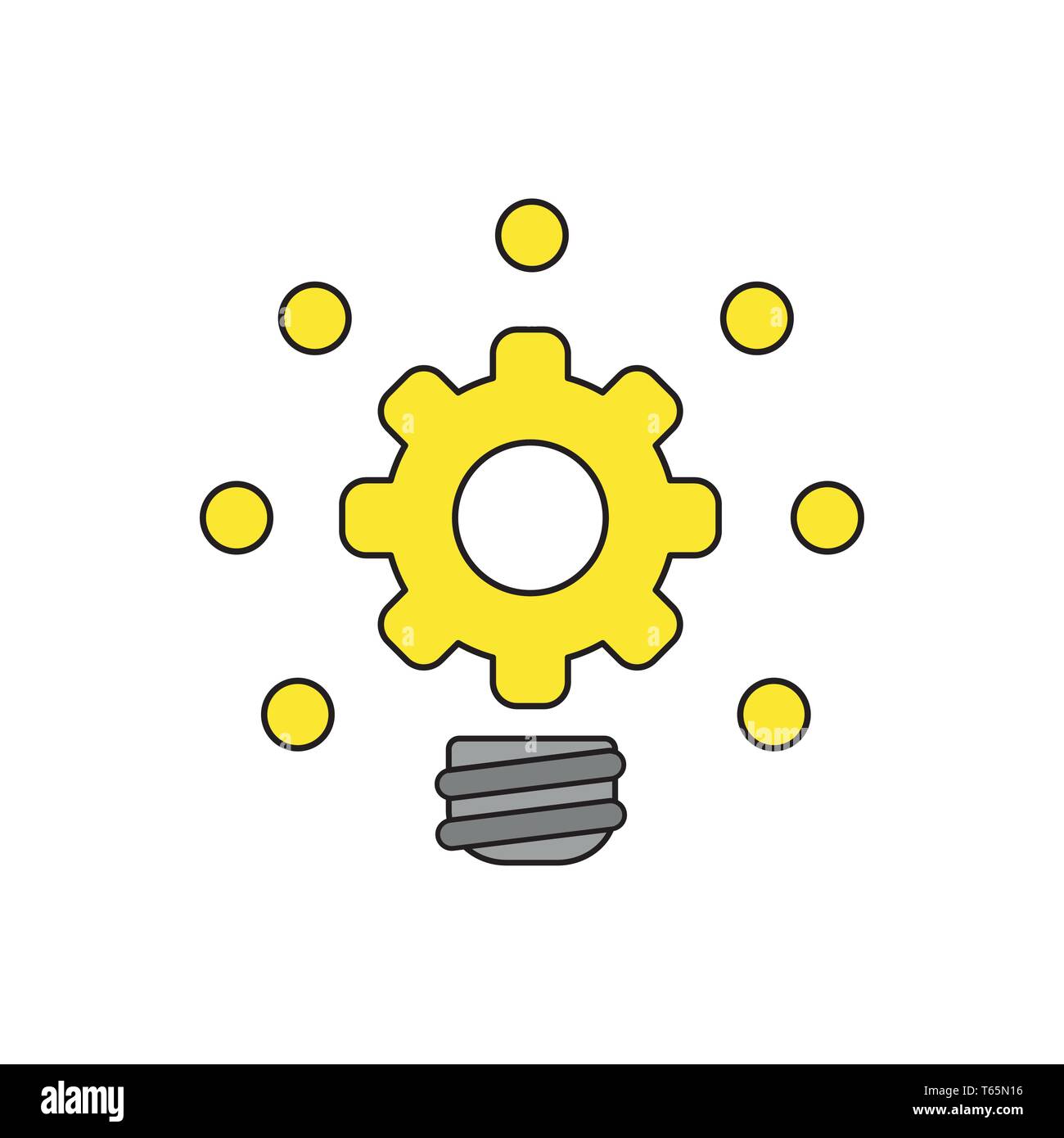 Vector icon concept of yellow gear light bulb glowing. Black outlines ...