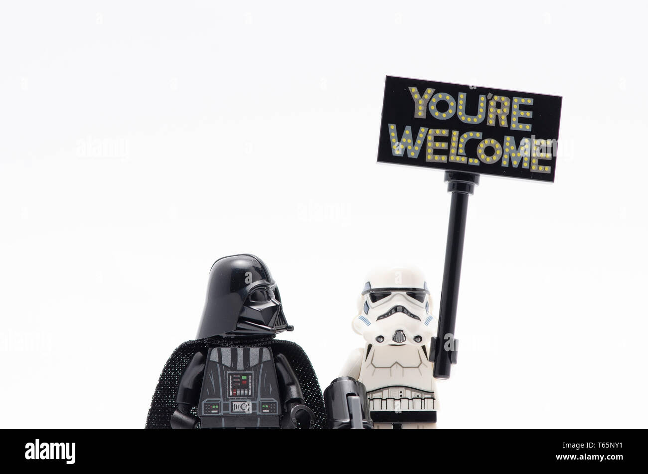 lego darth vader with storm trooper holding you are welcome sign. Lego ...