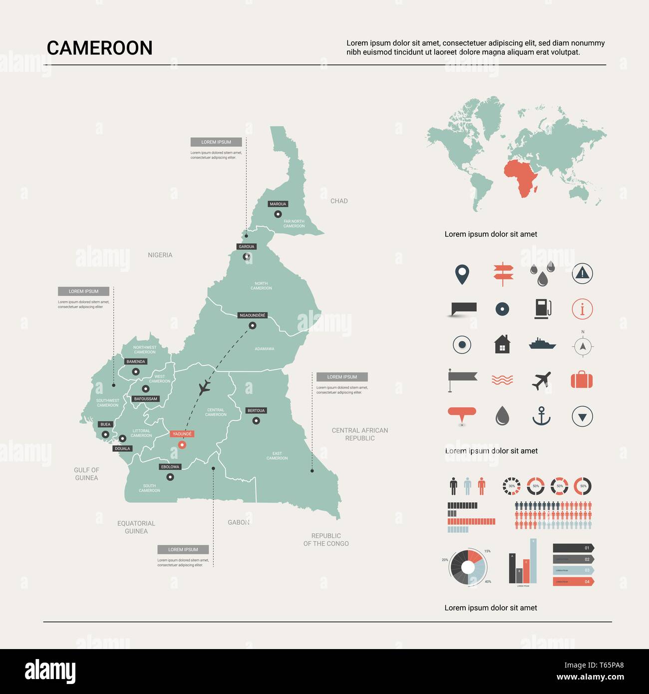 Vector map of Cameroon. High detailed country map with division, cities ...