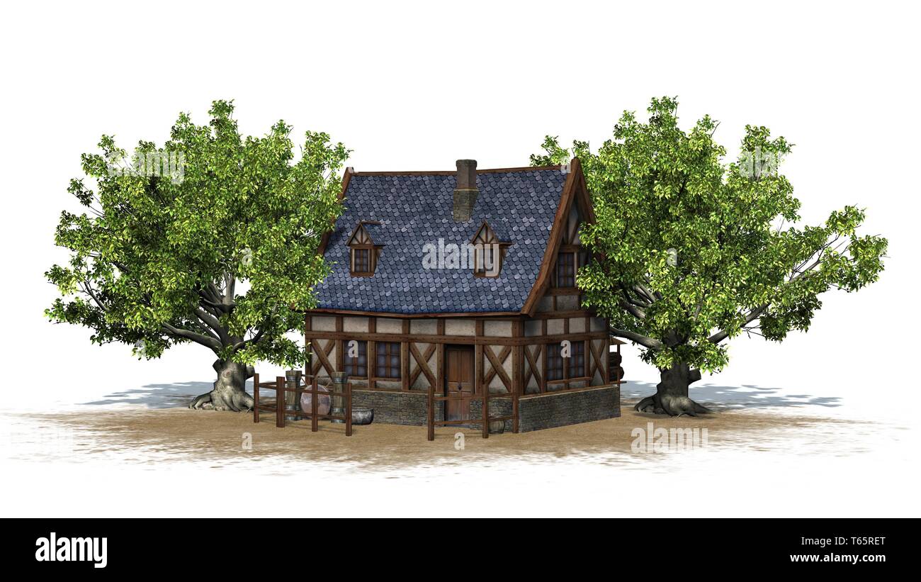 medieval cottage between trees - isolated on white background - 3D ...