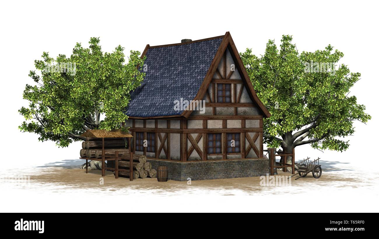 medieval cottage between trees - isolated on white background - 3D ...