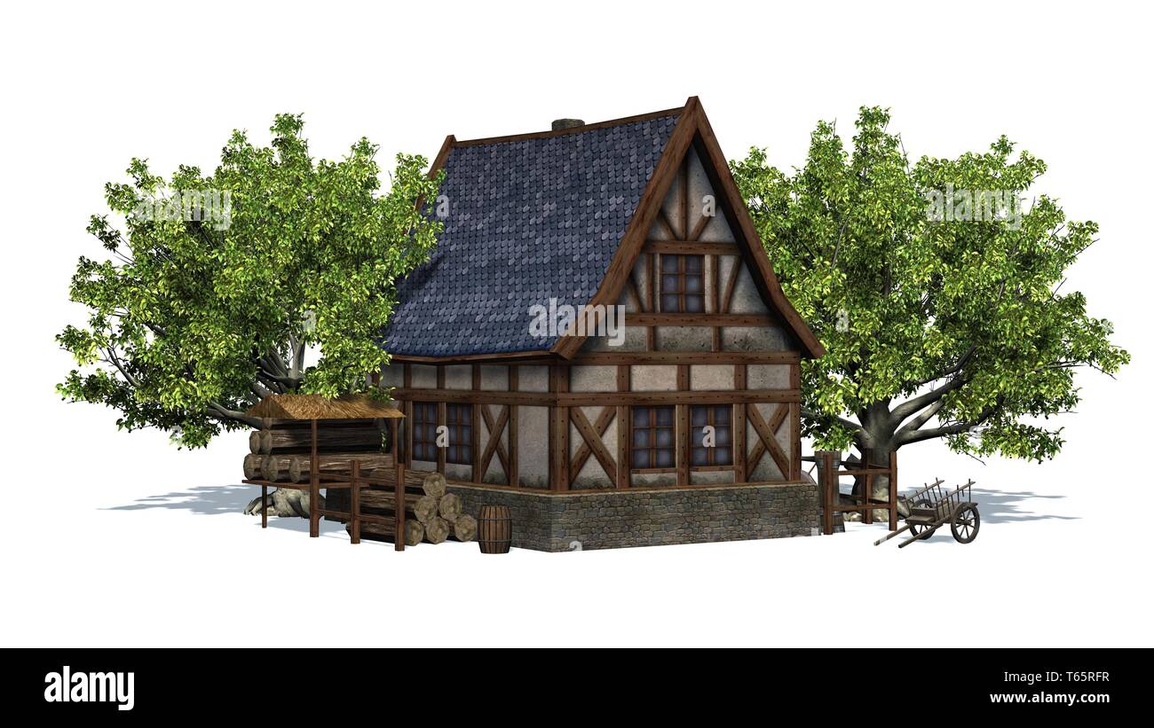 medieval cottage between trees - isolated on white background - 3D ...