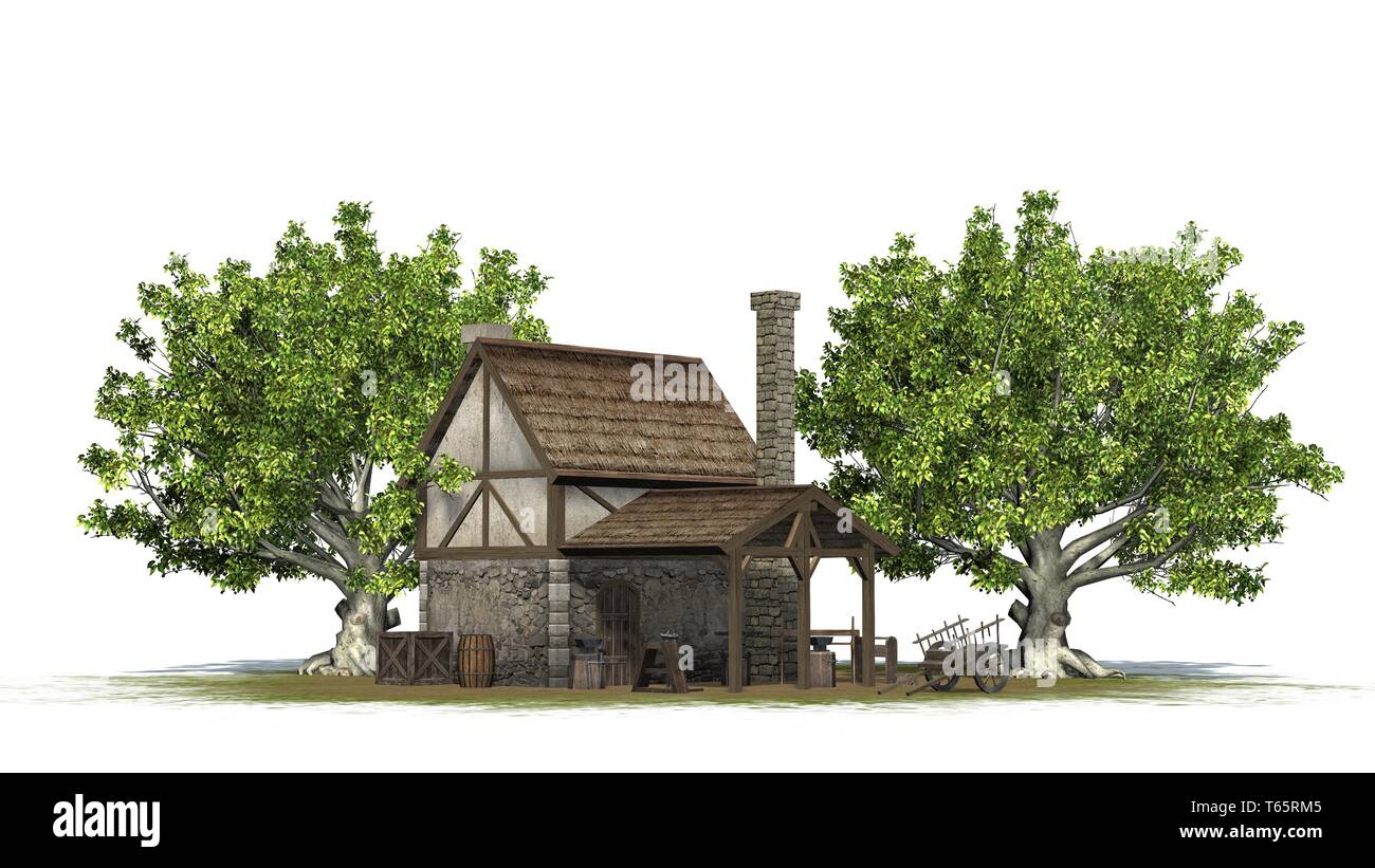 medieval forge between trees - isolated on white background 2 Stock ...