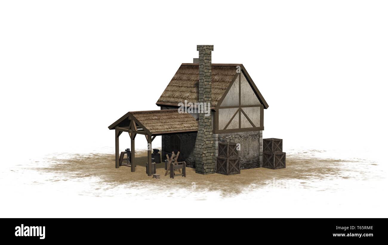 medieval forge on a sand area - isolated on white background Stock ...