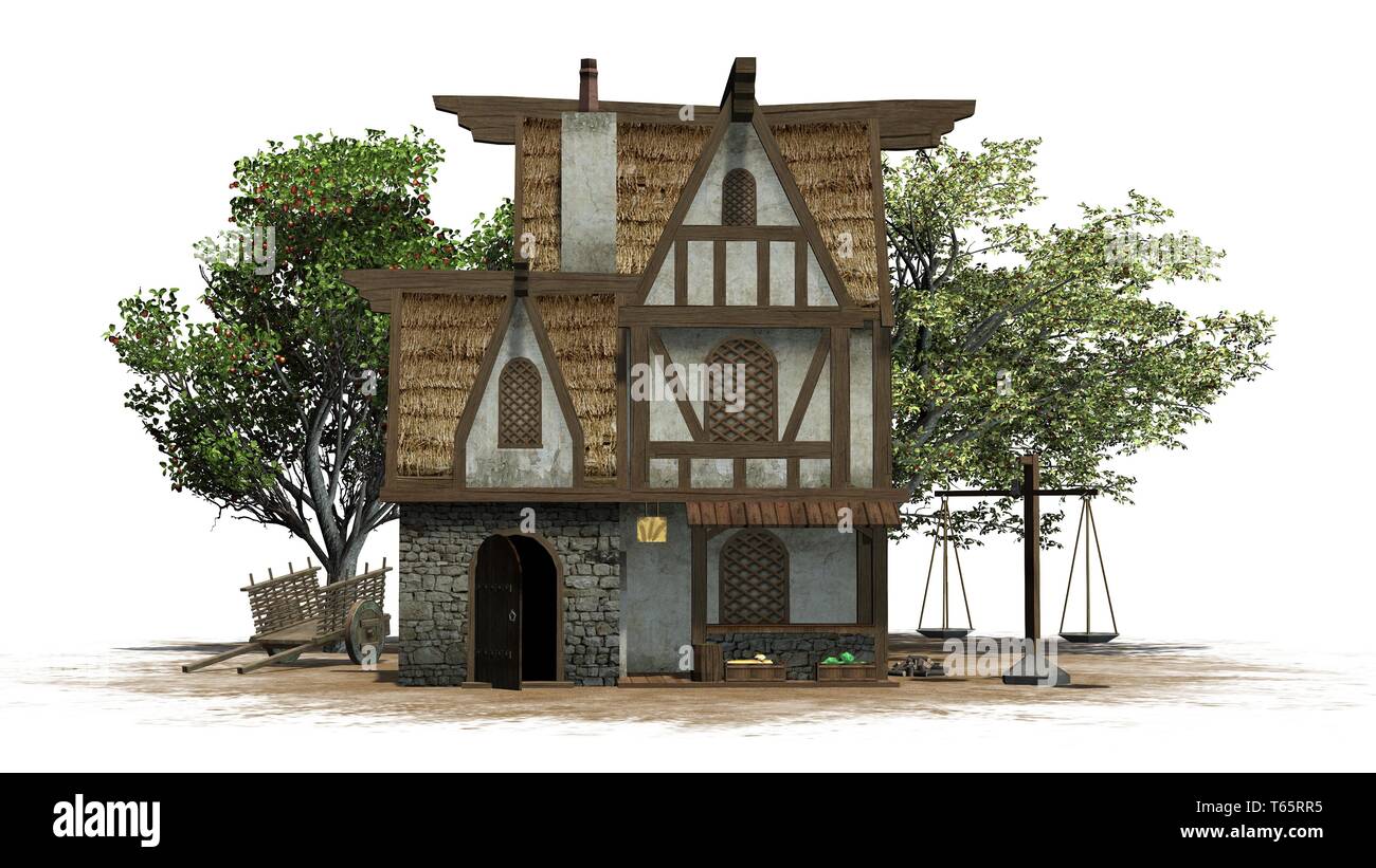 medieval Bakery Building between trees - isolated on white background ...