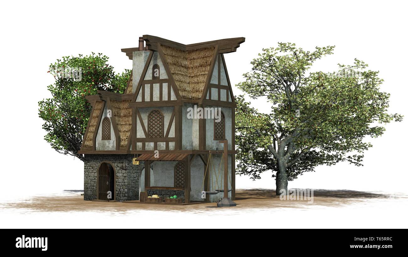 medieval Bakery Building between trees - isolated on white background ...