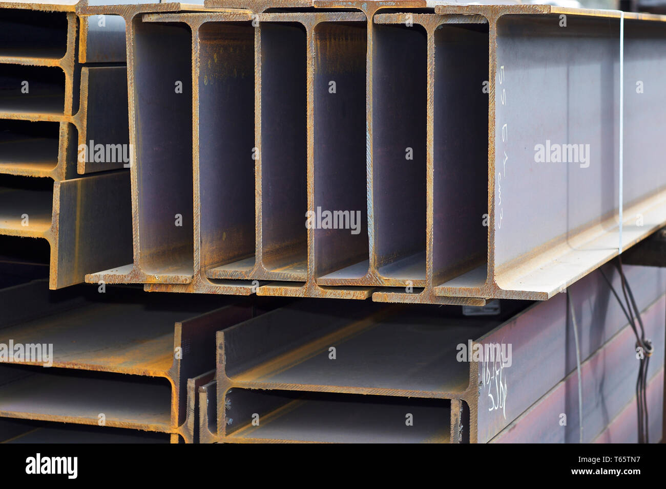 Metal profile beam in packs at the warehouse of metal products, Russia ...