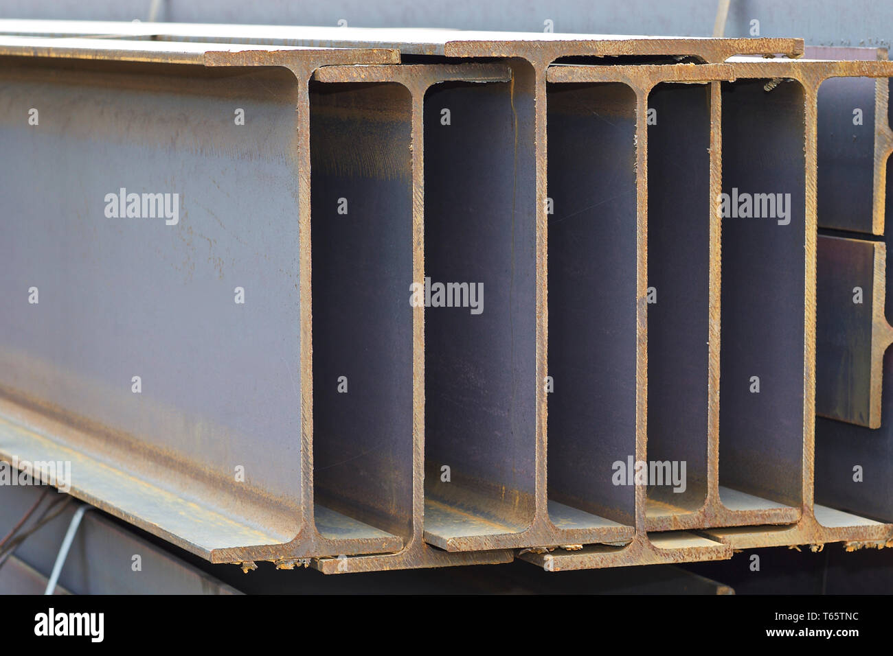 Metal profile beam in packs at the warehouse of metal products, Russia ...