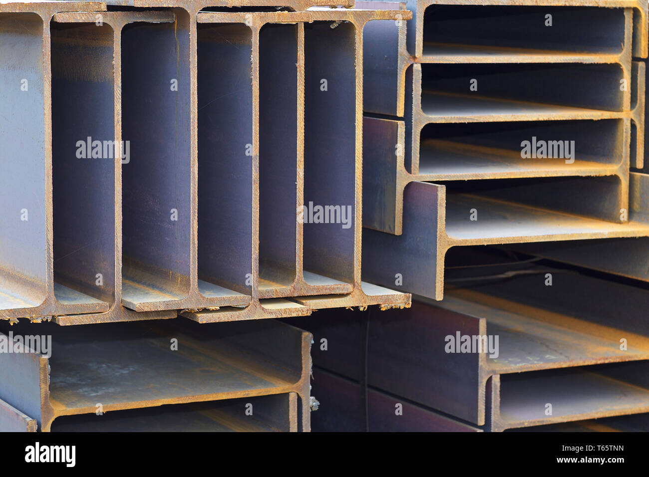 Metal profile beam in packs at the warehouse of metal products, Russia ...