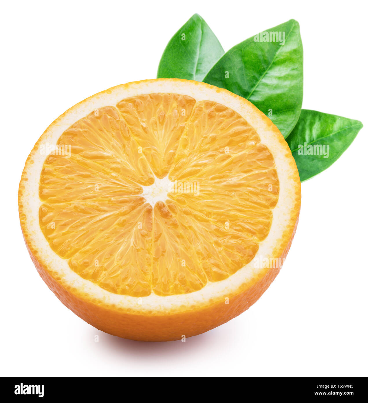 Orange fruit half with orange leaves on white background. File contains ...