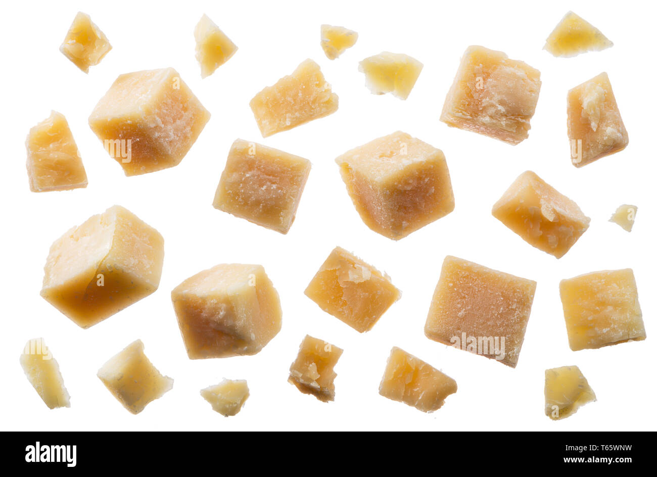 Parmesan cheese cubes and parmesan crumbs on white background. File ...