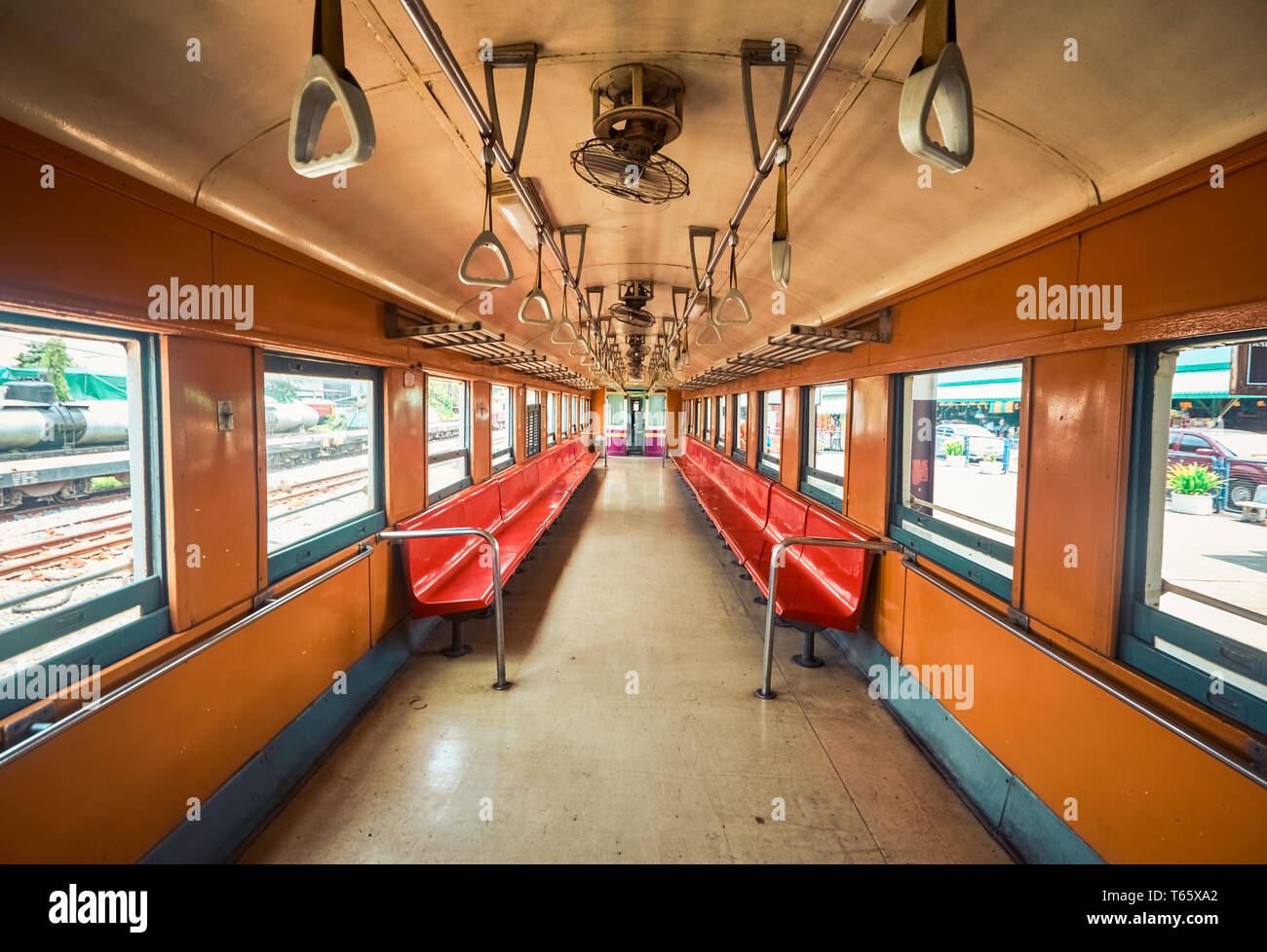 Inside of an old train coach at Thonburi station, Thailand railway ...