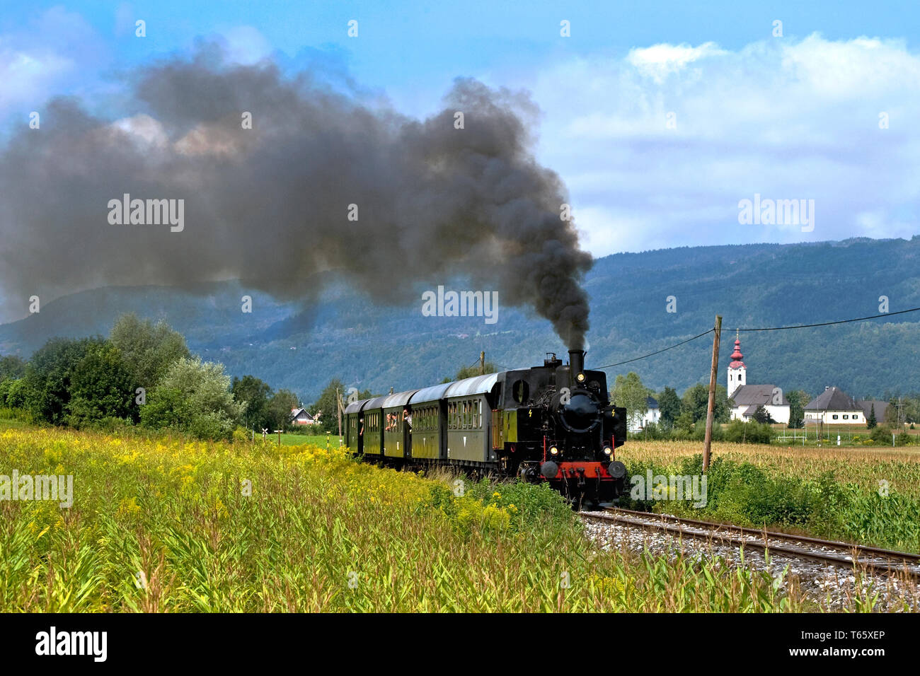 Touristic steam train in the Valley of Roses (Rosental), Carinthia ...