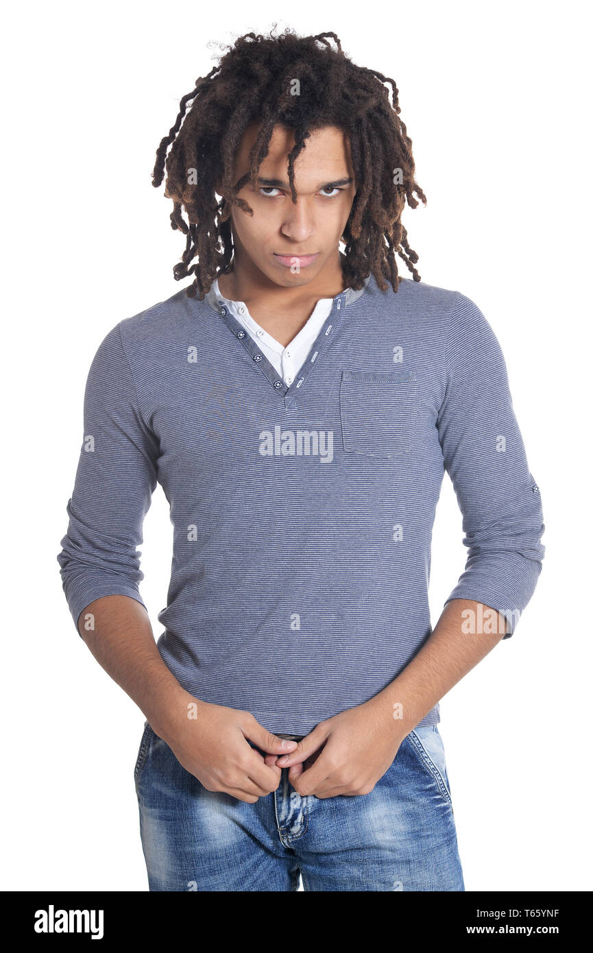 Angry young man posing isolated on white background Stock Photo - Alamy