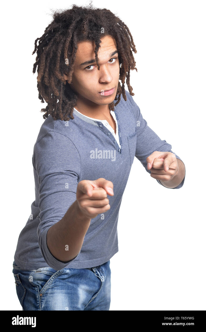 African american young man pointing to camera on white background Stock ...