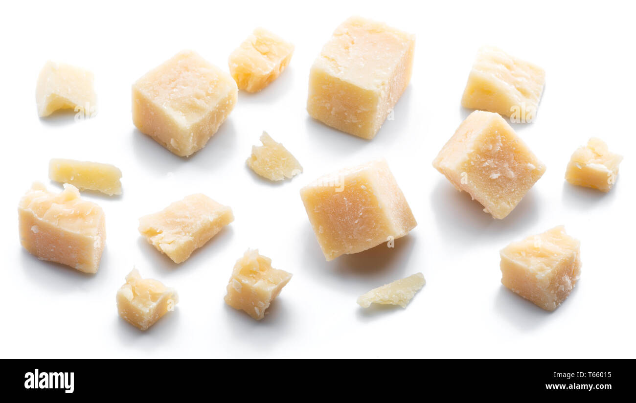 Parmesan cheese cubes and parmesan crumbs isolated on white background ...